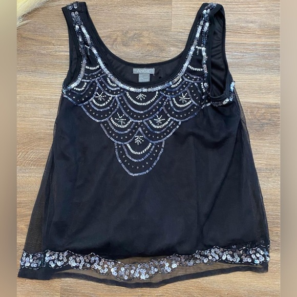 Angie | Tops | Small Angie Sequin Black Mesh Bead Detail Womens Blouse ...